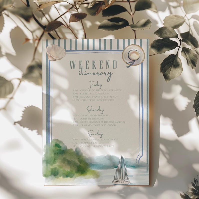 Coastal Bachelorette Invitation & Itinerary, Beach Weekend Template ...