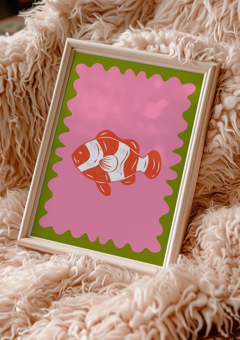 Preppy Clownfish Print -mid Century Fish Poster -vibrant Sea Creature ...