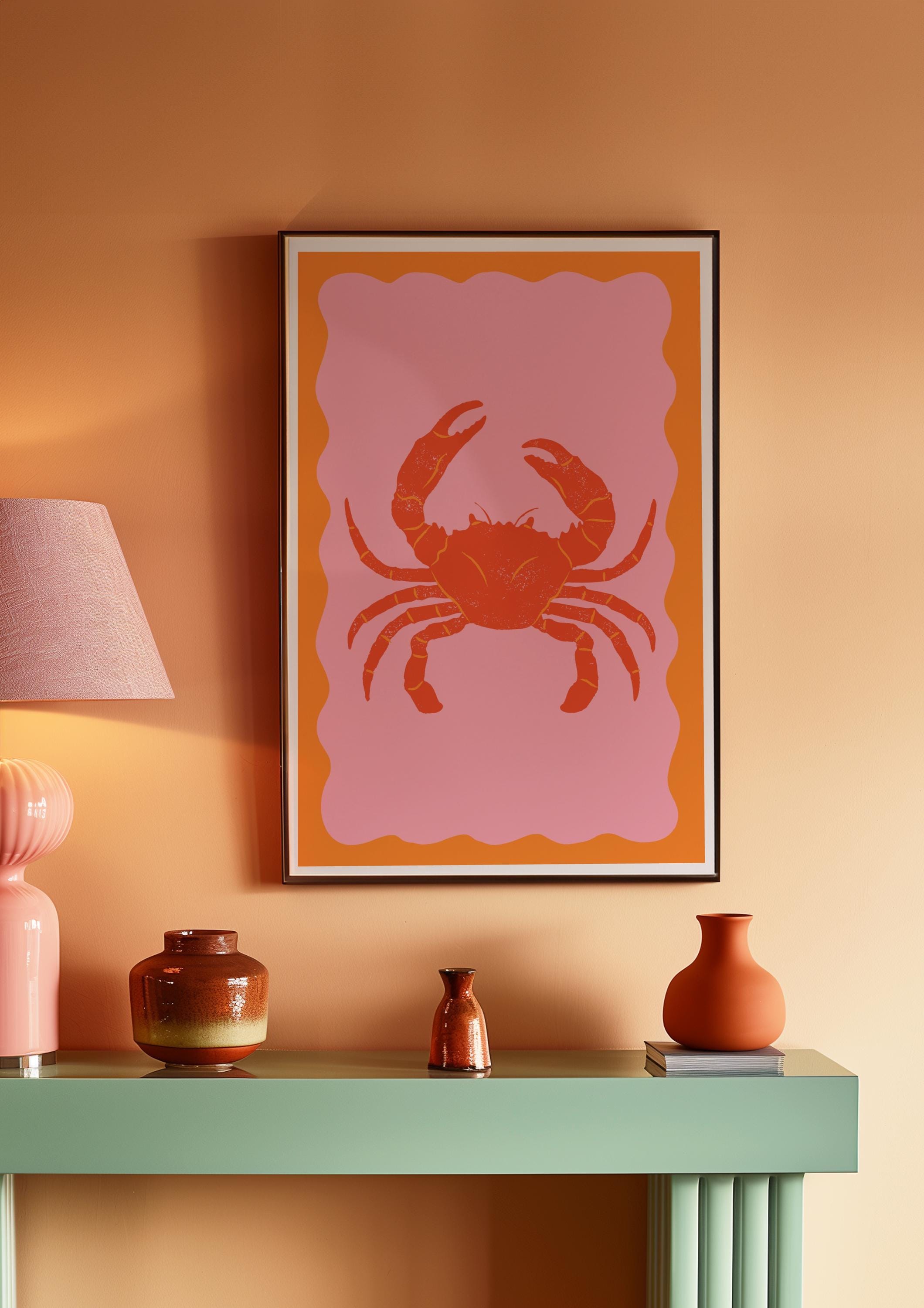 Preppy Red Crab Print Maximalist Retro Crab Poster Orange Crab Art Fun ...
