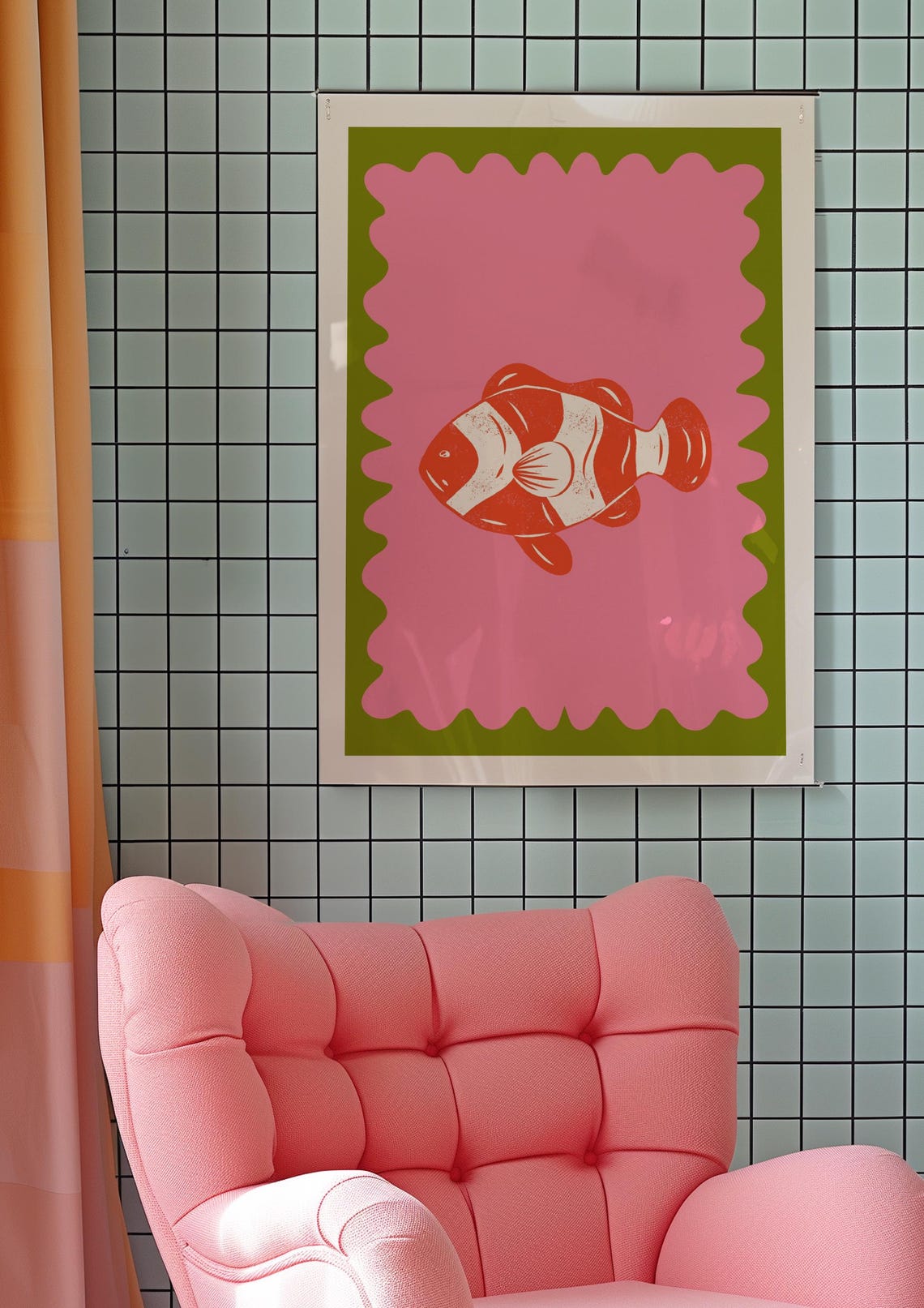 Preppy Clownfish Print -mid Century Fish Poster -vibrant Sea Creature ...