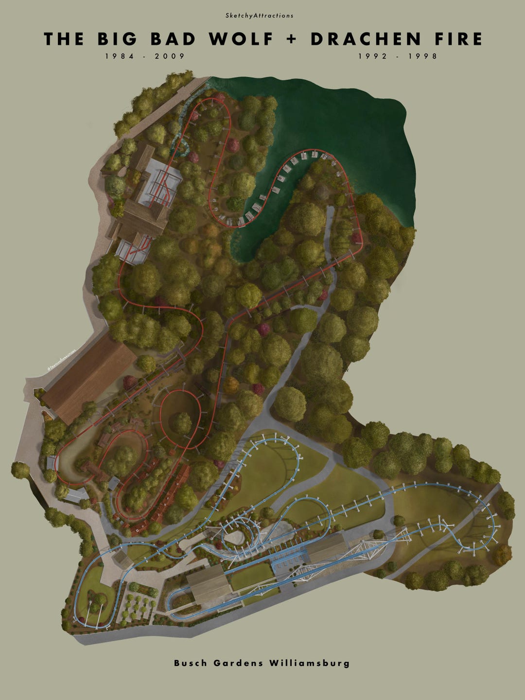 Big Bad Wolf & Drachen Fire at Busch Garden's Williamsburg Illustrative ...