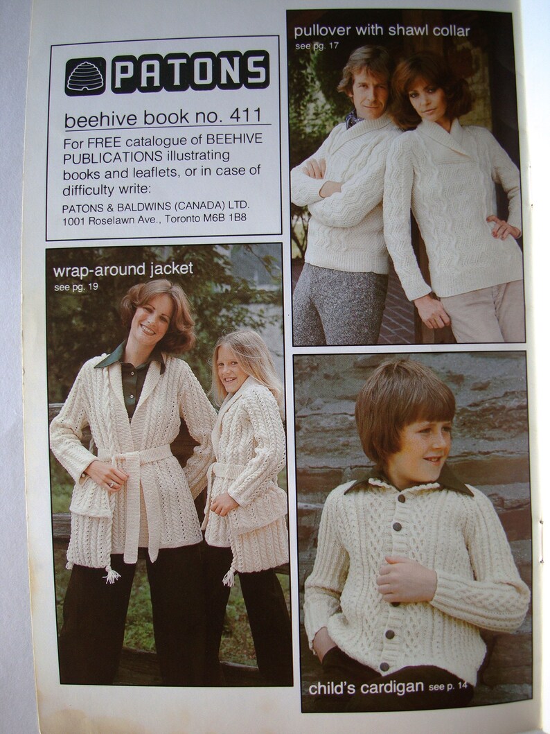 The ARAN LOOK Family Knitting PATTERNS Booklet 411 Patons Beehive ...