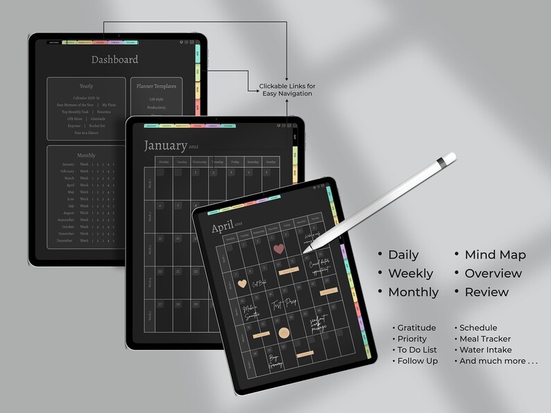 All-in-one Digital Planner 2025, Dark Mode, Digital Planner, Weekly ...