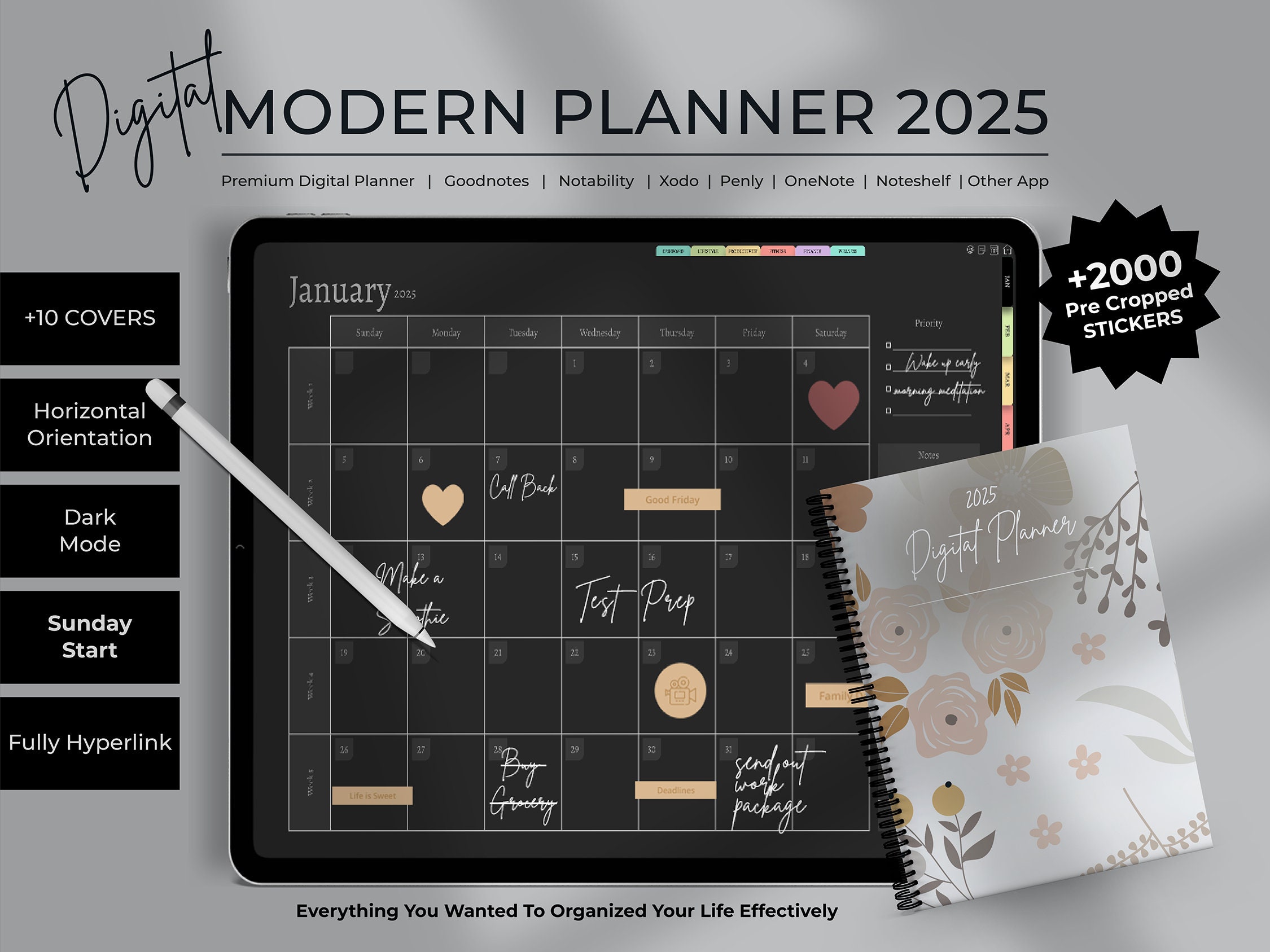All-in-one Digital Planner 2025, Dark Mode, Digital Planner, Weekly ...