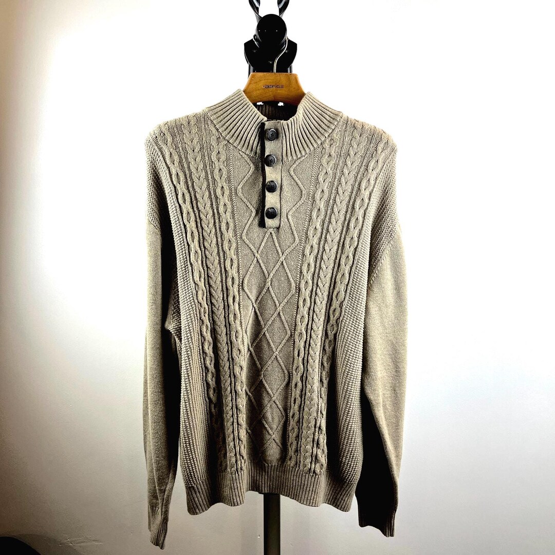 Vintage Tricots St Raphael Cotton Henley Cable Knit Tan Sweater Mens ...