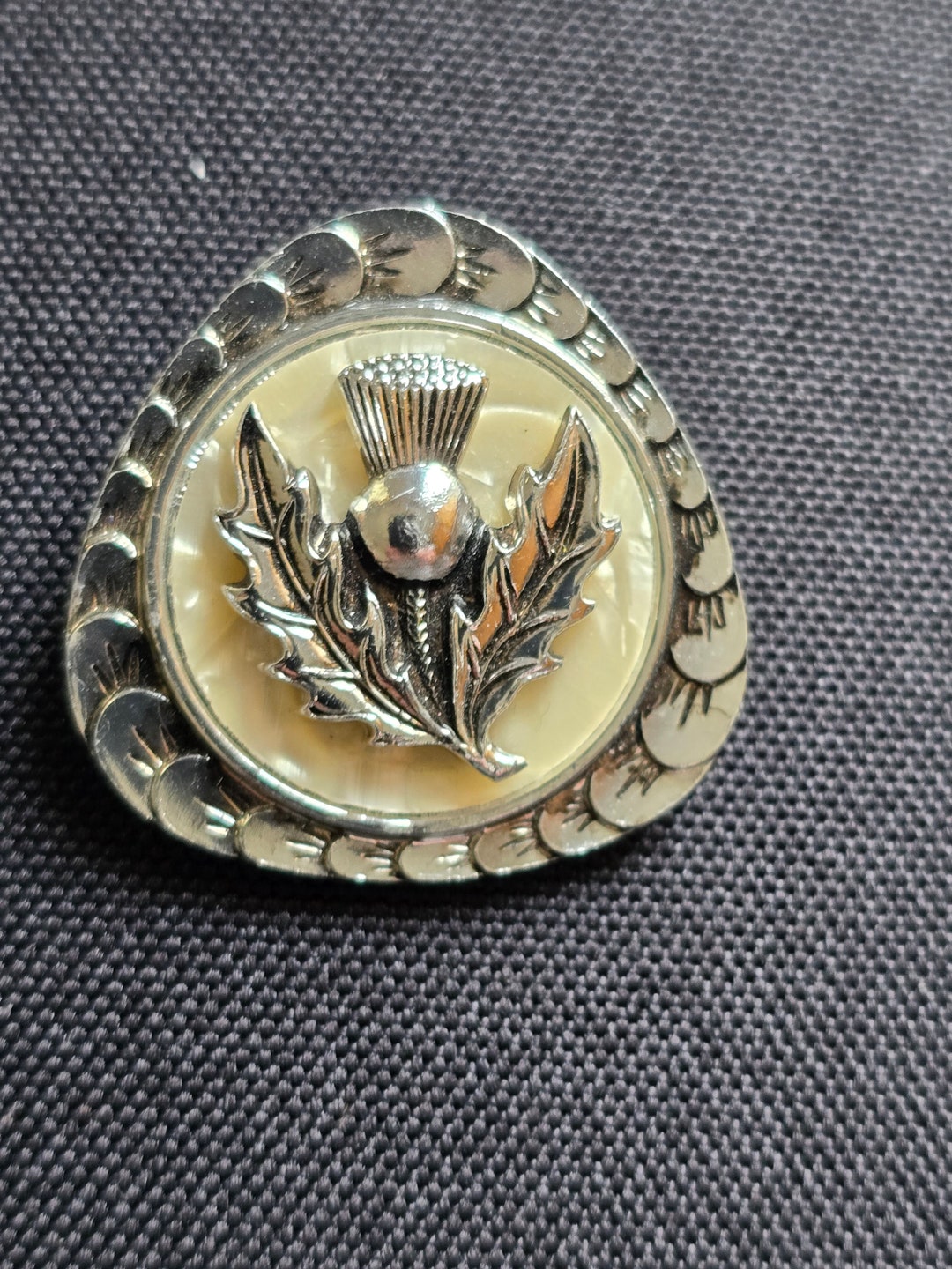 Vintage 1970s Scottish Kilt Plaid Round White Metal Brooch With Thistle ...