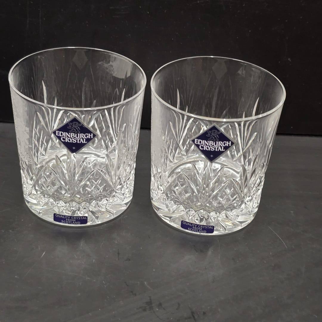 Vintage Edinburgh Crystal Golf Etched Pattern Set of 2 Whisky Glasses 3 ...
