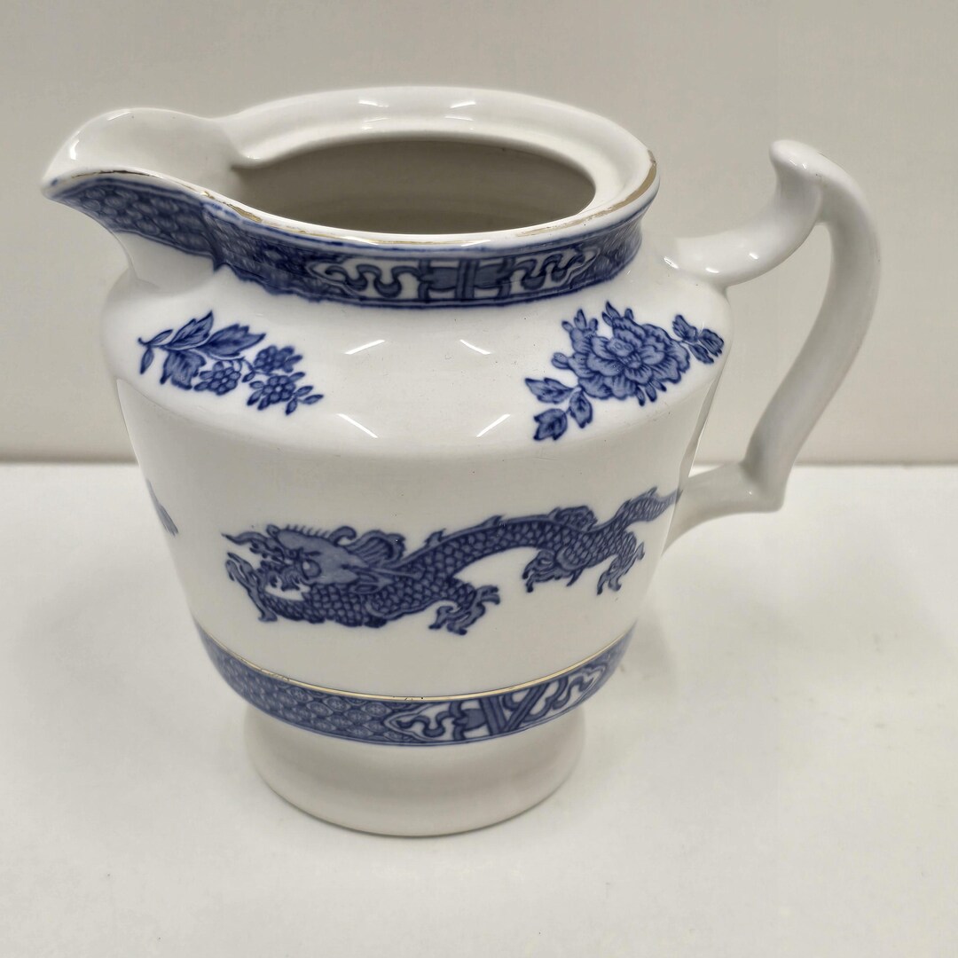 Antique Cauldron Blue Dragon White Pattern Water Jug 5 1/2 Inches No ...