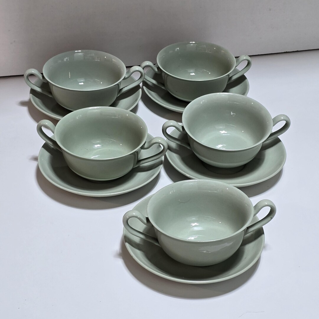 Vintage Spode Flemish Green Pattern 2 Handled Lot of 5 Soup Bowls and ...