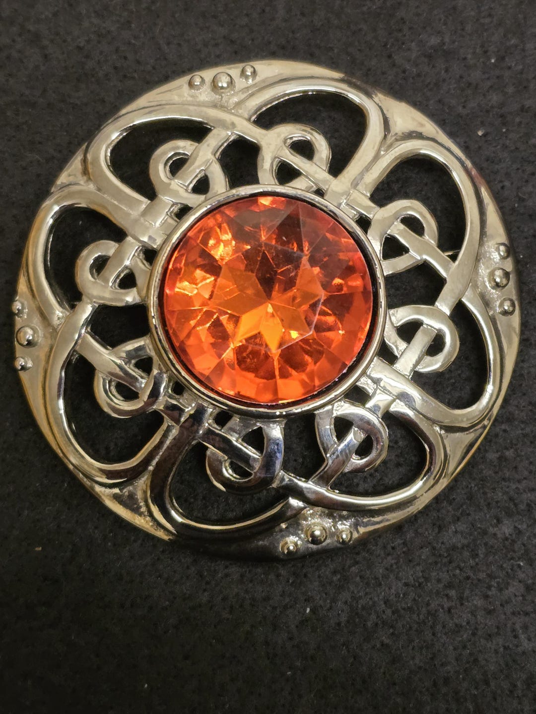 Vintage 1970s Scottish Kilt Brooch: Amber Stone, White Metal, 2 3/4 In ...