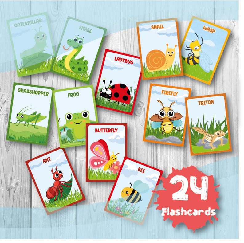 24 Insects and Reptiles Flashcards, Educational Printable Cards, Kids ...