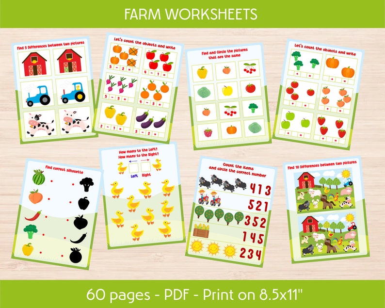 Farm Worksheets (counting 1-5, Find the Diference, Find Identical, Plus ...