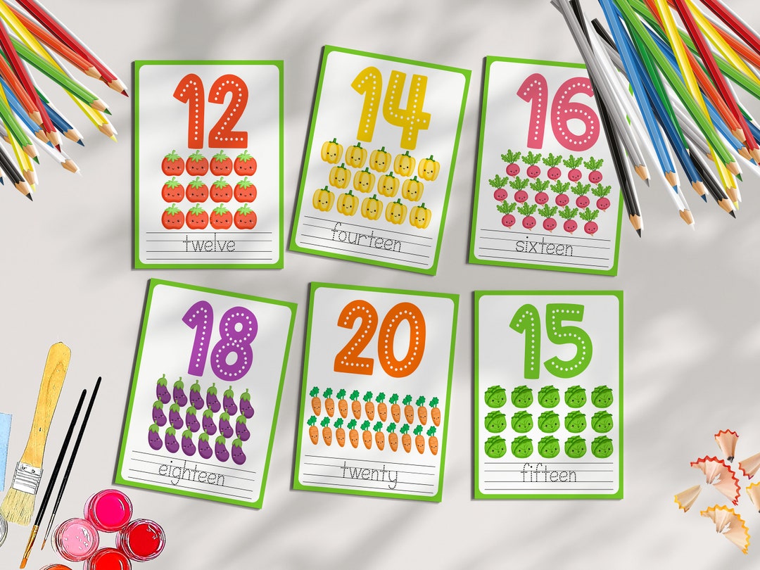 Number Flash Cards 1-20 "vegetables", Number Cards, 8.5x11'' Montessori ...