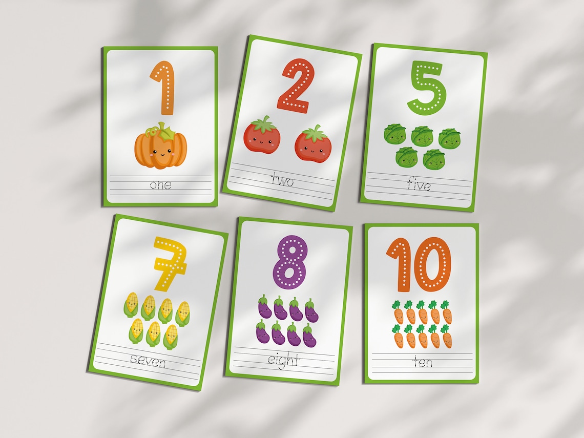 Number Flash Cards 1-20 "vegetables", Number Cards, 8.5x11'' Montessori ...