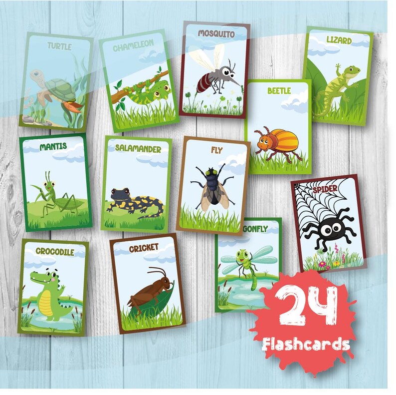 24 Insects and Reptiles Flashcards, Educational Printable Cards, Kids ...