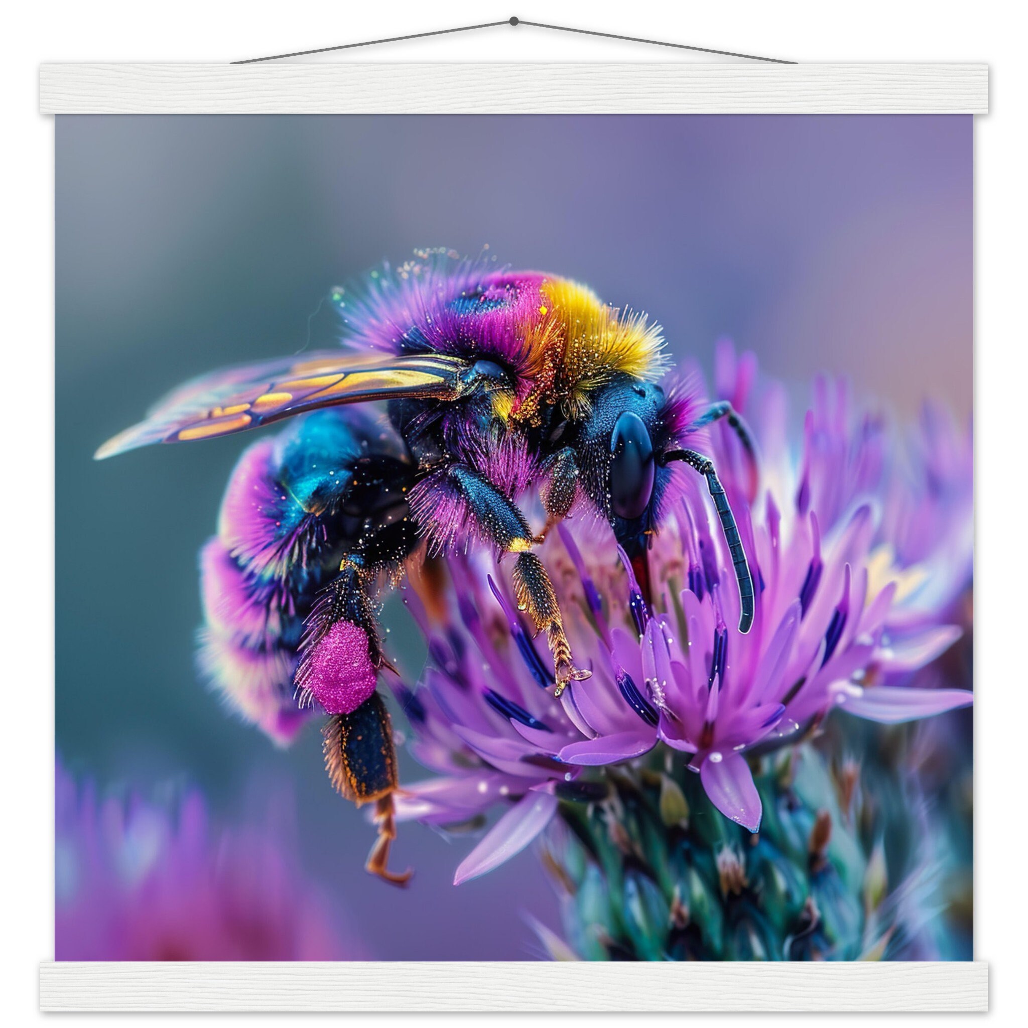 Fuzzy Fantasy Bee on Purple Bloom Poster With Hanger Premium Matte ...