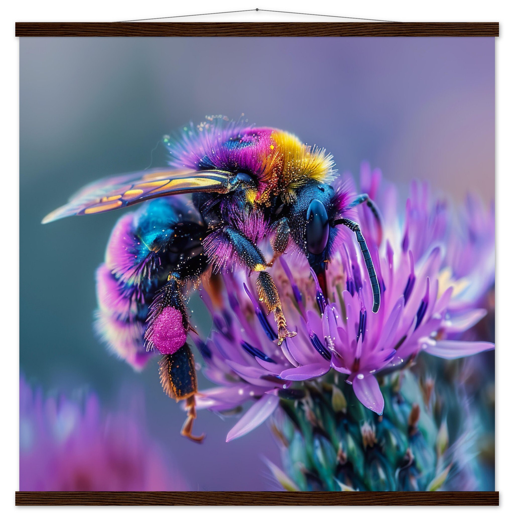 Fuzzy Fantasy Bee on Purple Bloom Poster With Hanger Premium Matte ...