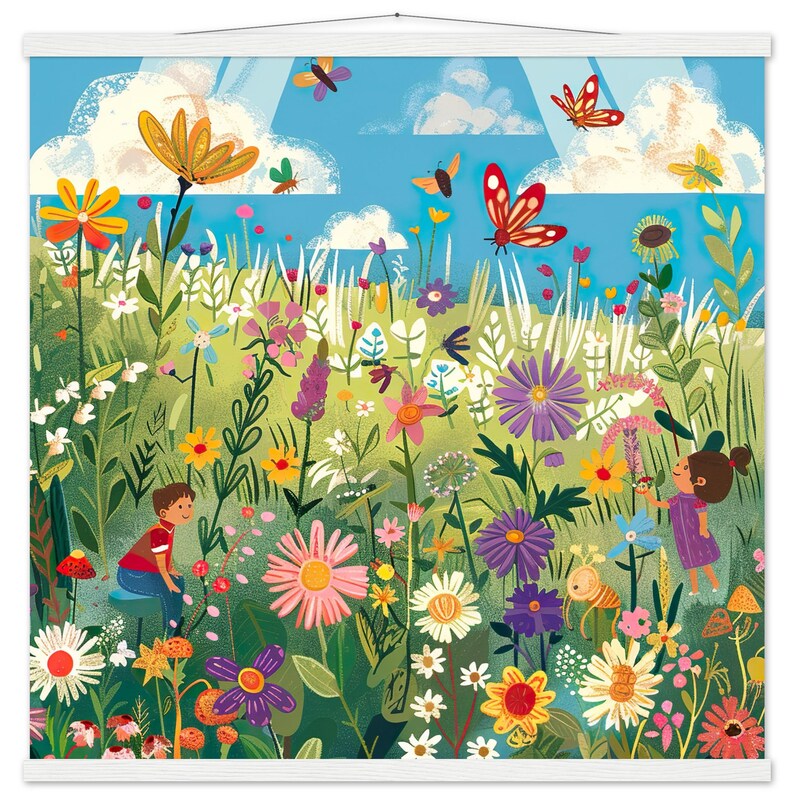 Kids Playing in A Pollinator Field Poster With Hanger Premium Matte ...