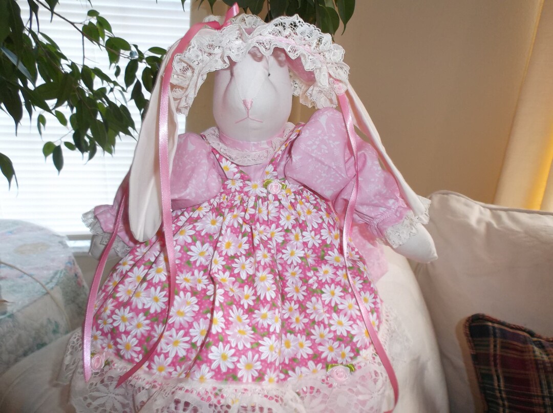 Handmade Floopy Eared Stuffed Bunny Rabbit/ Pink/ With Daisys, and Her ...
