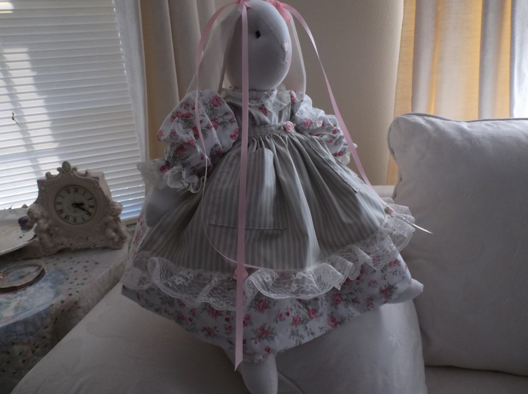 Stuffed /bunny Rabbit From Glenda's Rose Garden, Stripped Pinafore - Etsy