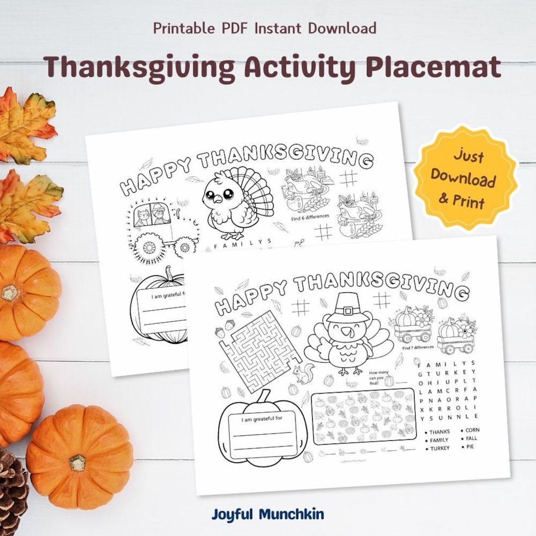 Thanksgiving Activity Placemat Printable Instant Download, Kids Fall ...