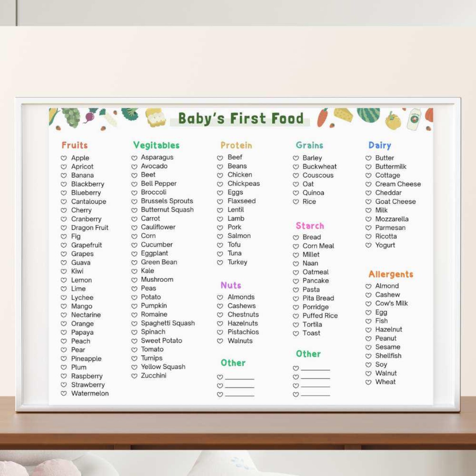 Printable Infant First Food List, Baby Led Weaning Checklist, Solids ...