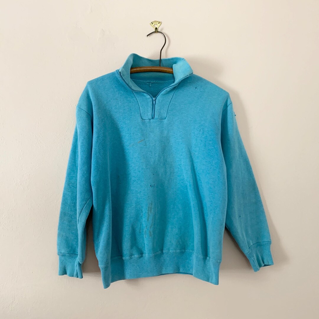 Vintage 1970s Light Blue Quarter Zip Distressed Sweatshirt (S/M) - Etsy