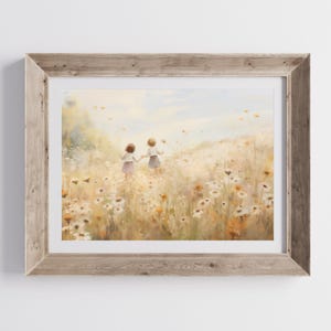 Sisters Skipping in a Wild Flower Meadow Print Printable Wall Art ...