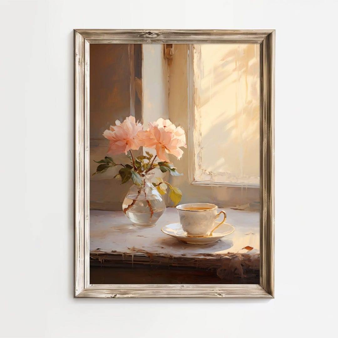 Spring Cup of Tea on a Cottage Table, Printable Wall Art, Harvest ...
