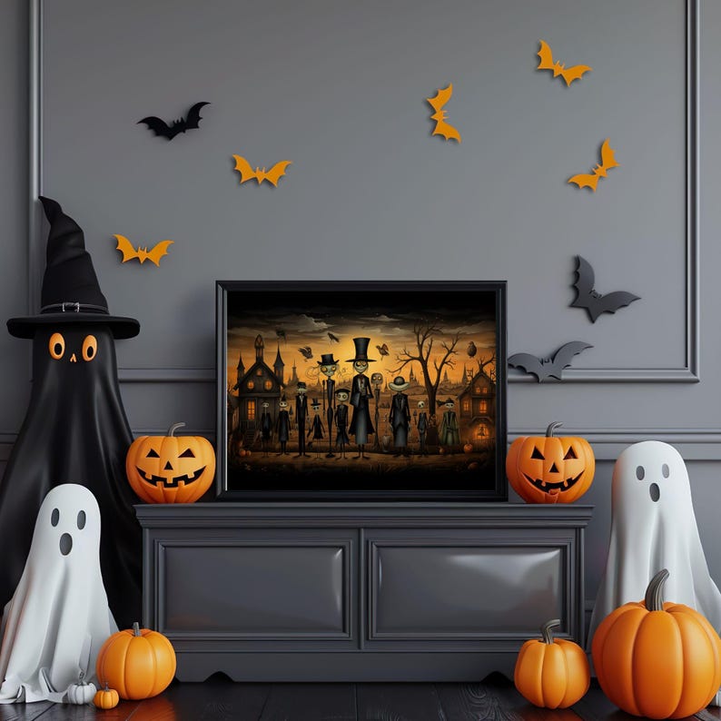 Halloween Family Cartoon Photo Wall Art Scary Creepy Skeleton Digital ...