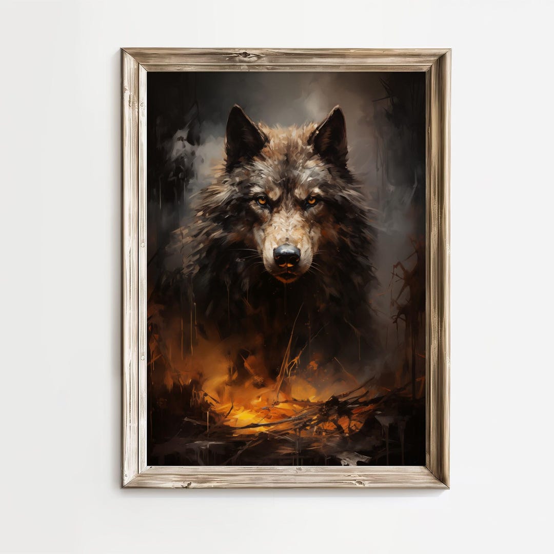 Lone Black Fire Wolf Halloween Art Blood Moon Wall Art Scary Creepy ...