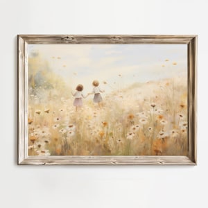 Sisters Skipping in a Wild Flower Meadow Print Printable Wall Art ...