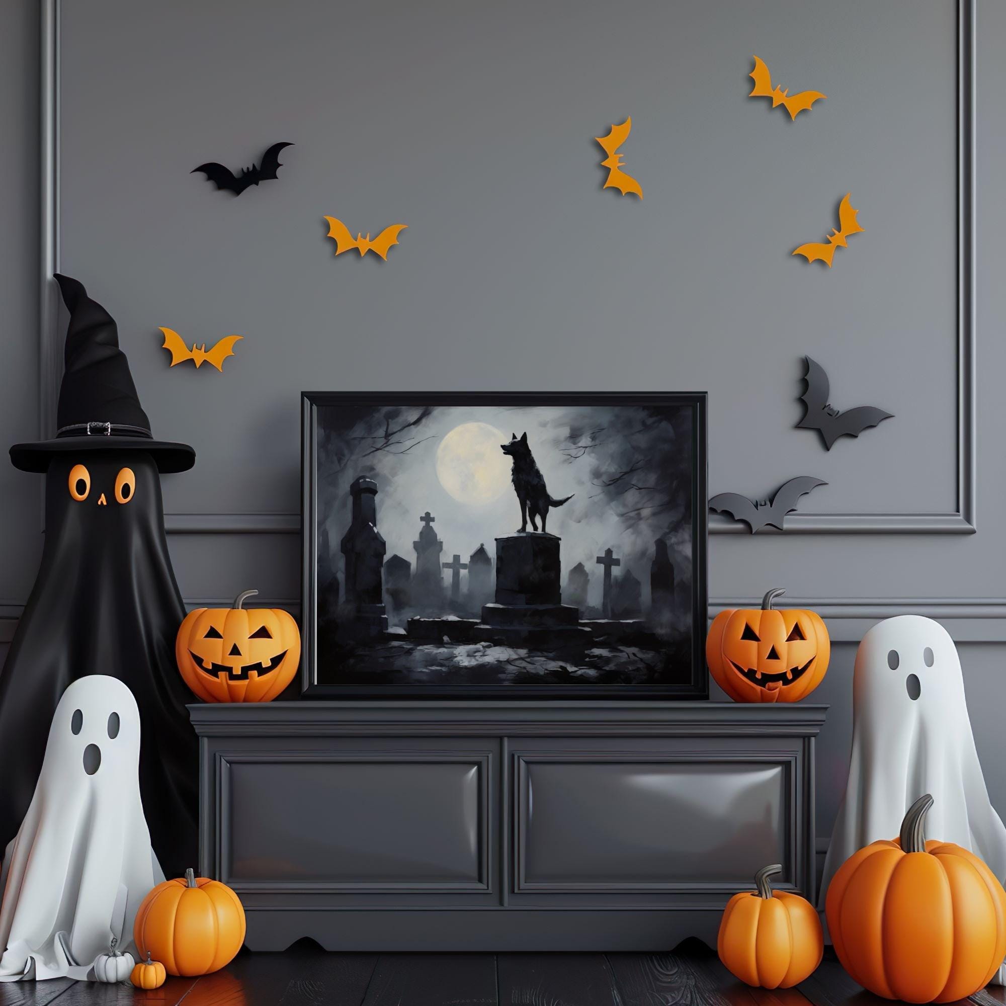Dire Wolf in the Full Moon Halloween Decor Howling Blood Moon Wall Art ...
