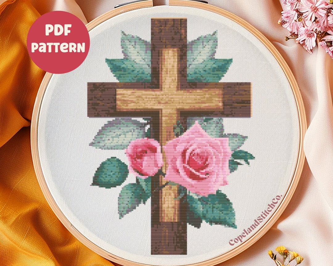 Christian Cross Stitch PDF Pattern With Rose Flowers, Religious Hand ...