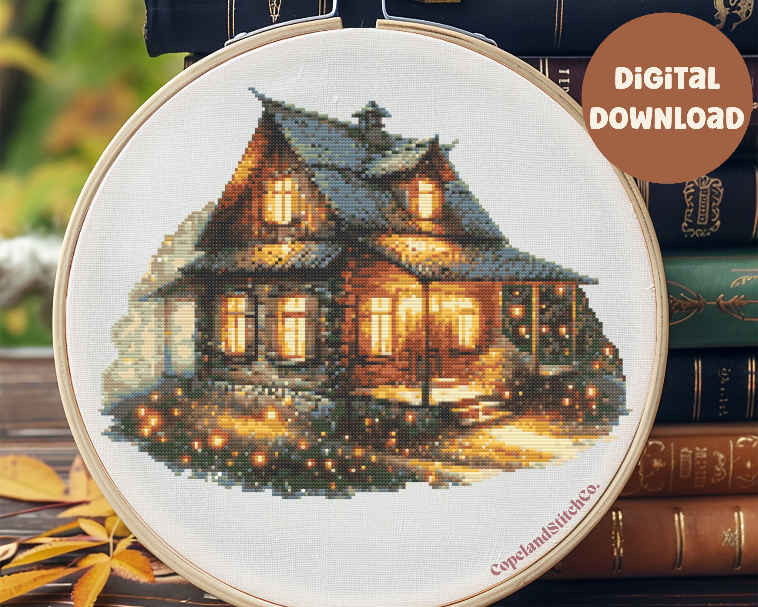 Cottagecore Glowing Cabin Cross Stitch Pattern, Forest Cabin, Rustic ...