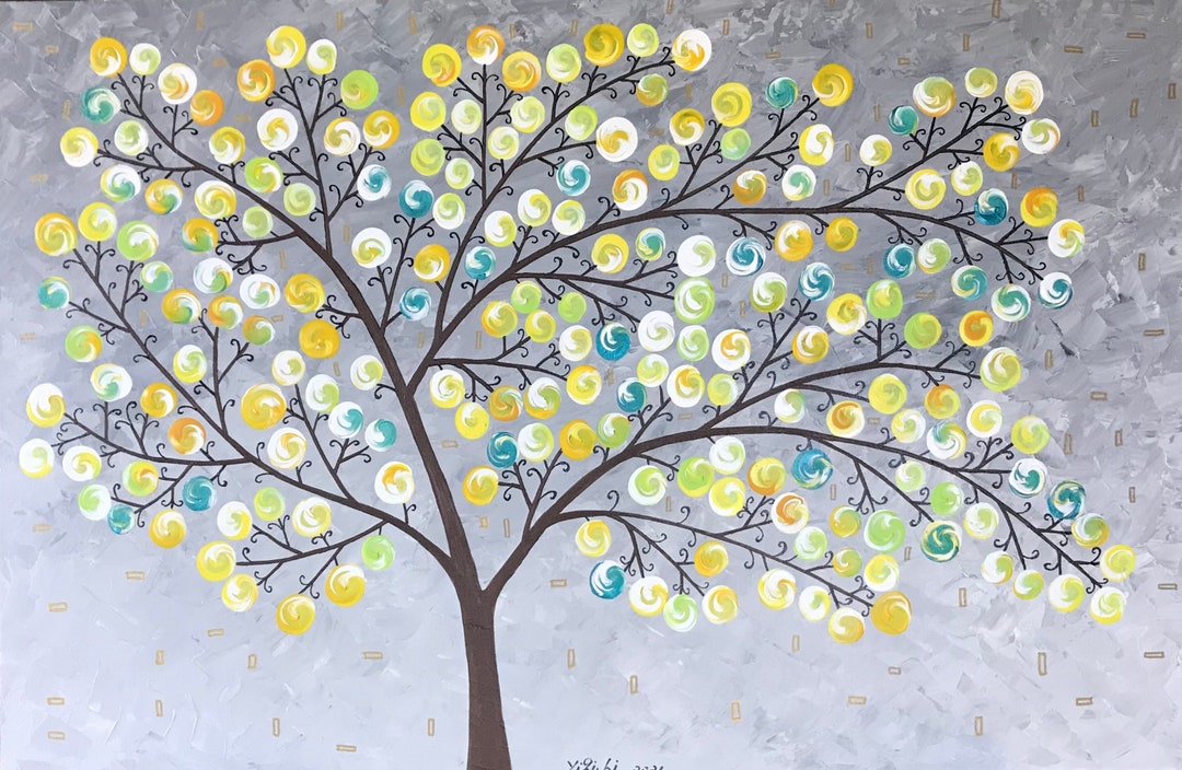 Abstract Weeping Willow Tree Painting: Yellow & Gray Art by YIQI LI - Etsy