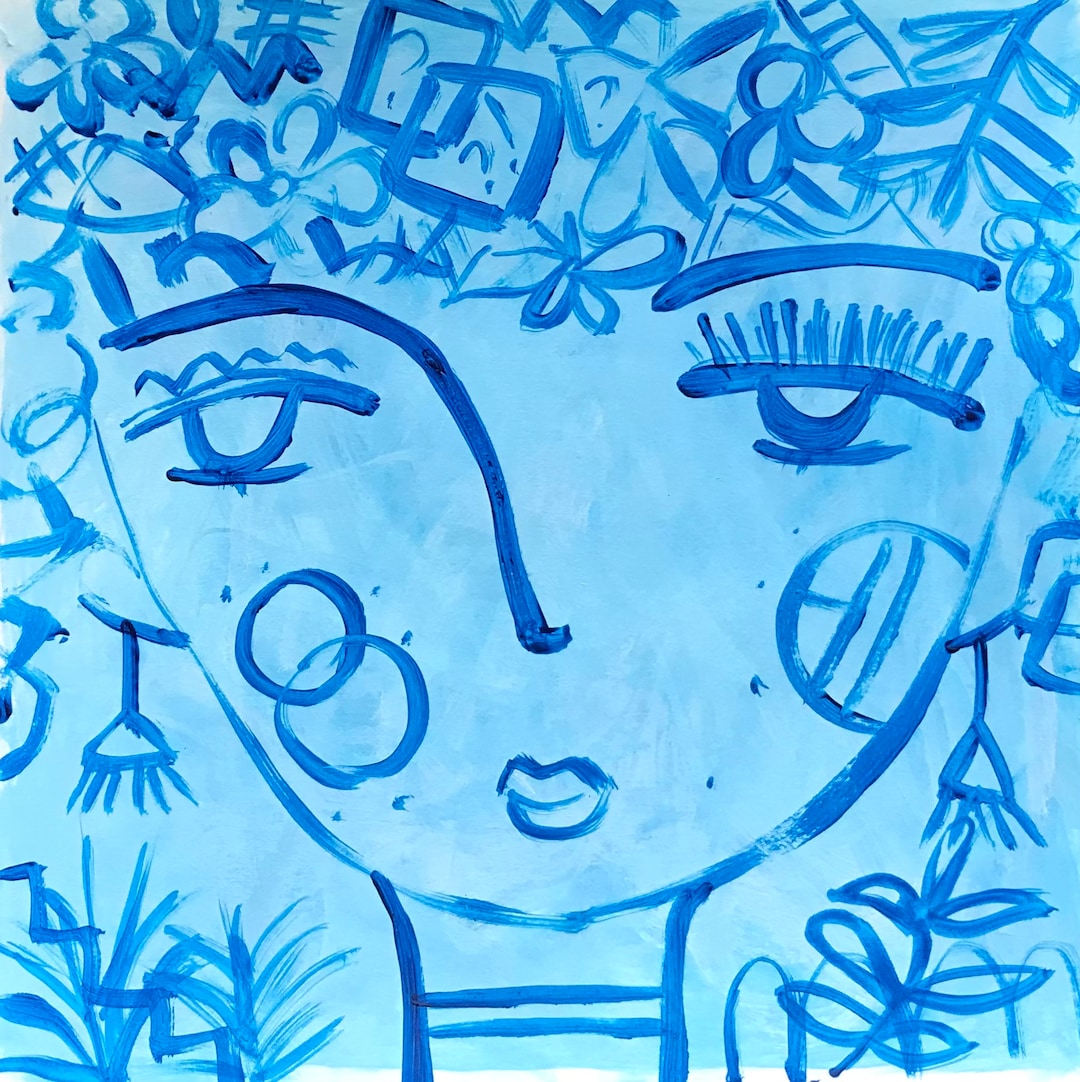 Blue Abstract Face Painting on Paper by Qiqigallery - Etsy