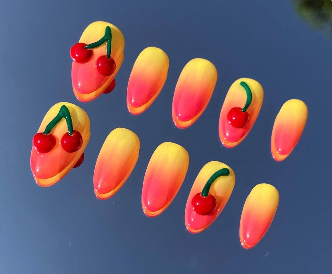 Tequila Sunset 3D Cherry Press on Nails | Yellow Pink Sunrise Short ...