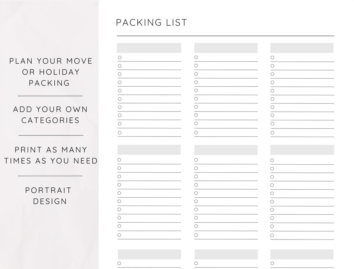 Blank Packing List, Portrait, Travel Packing List, Moving Packing List ...