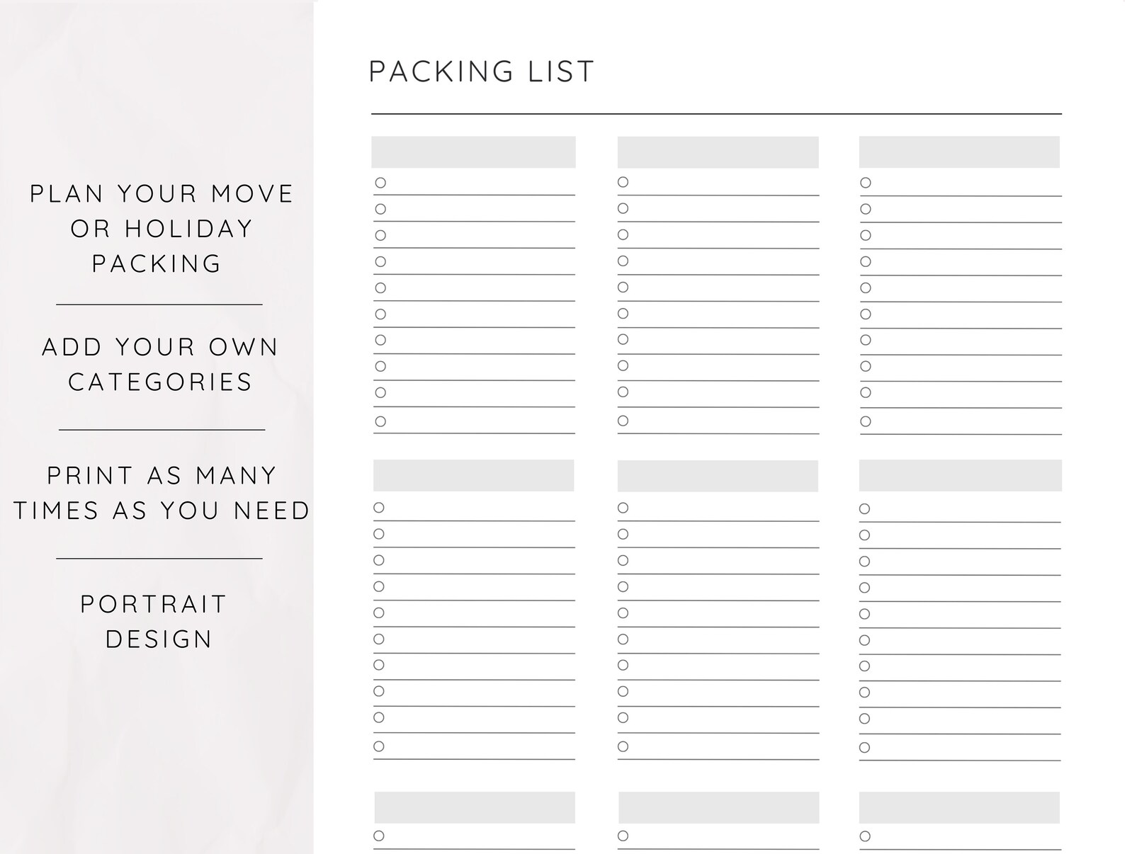 Blank Packing List, Portrait, Travel Packing List, Moving Packing List ...