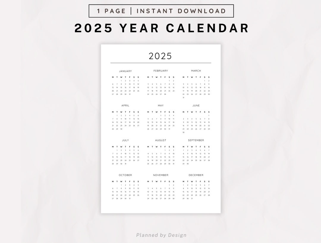2025 Year Calendar, Printable PDF, Wall Calendar, Year at a Glance ...