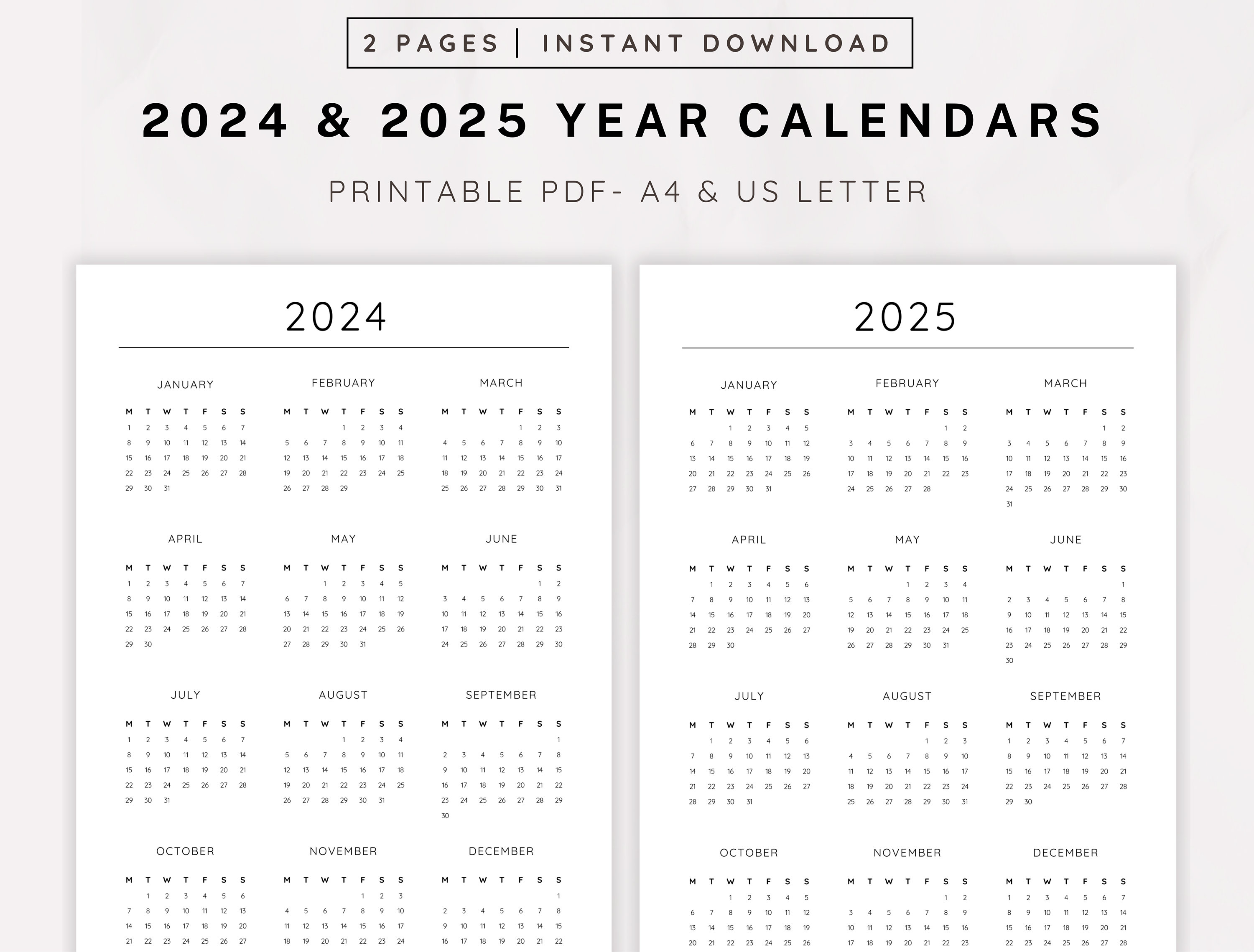 2024 & 2025 Year Calendars, Printable PDF, Wall Calendar, Planner, One ...