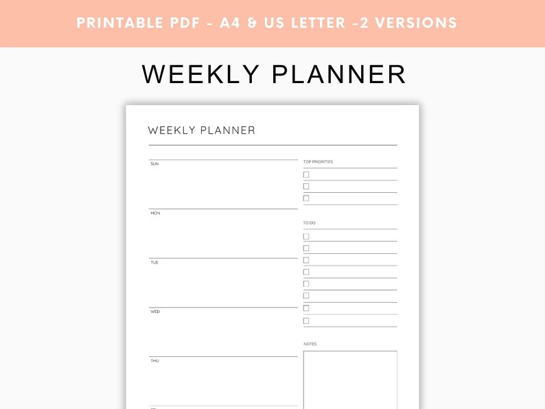 WEEKLY Planner, Printable PDF, Planner Template, Weekly Organizer, Minimalist, Portrait, Monday ...