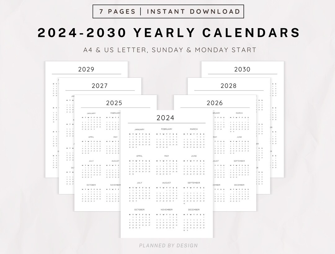 2024 2030 Yearly Calendars, Printable PDF, Year Calendar, Wall Calendar ...