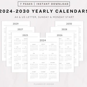 2024 2030 Yearly Calendars, Printable PDF, Year Calendar, Wall Calendar ...