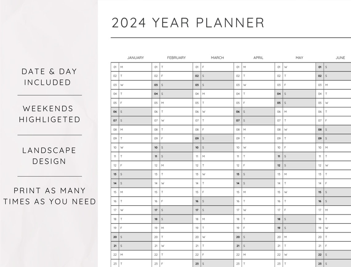 2024 Year Planner, Printable PDF, Year Calendar, Wall Calendar, One ...