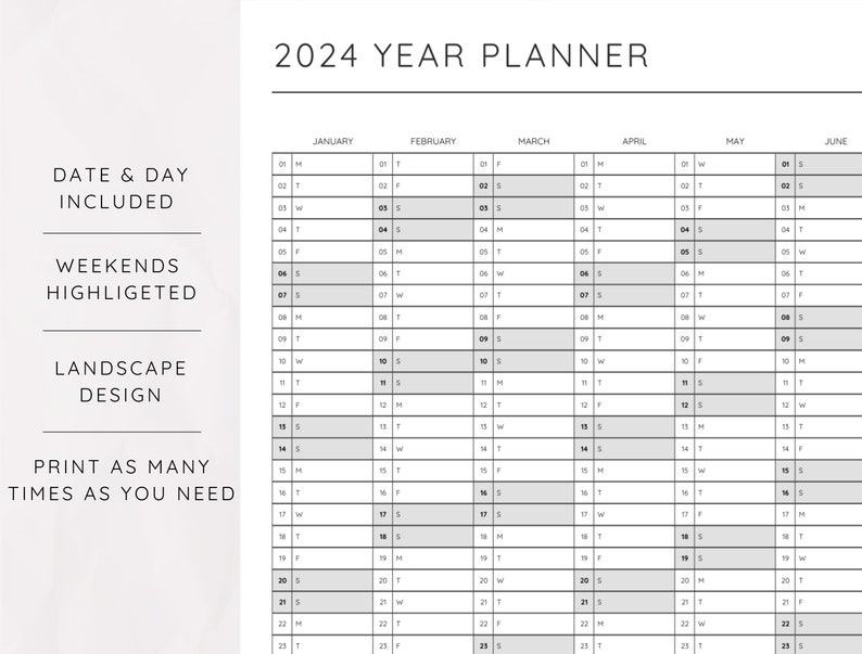 2024 Year Planner, Printable PDF, Year Calendar, Wall Calendar, One ...