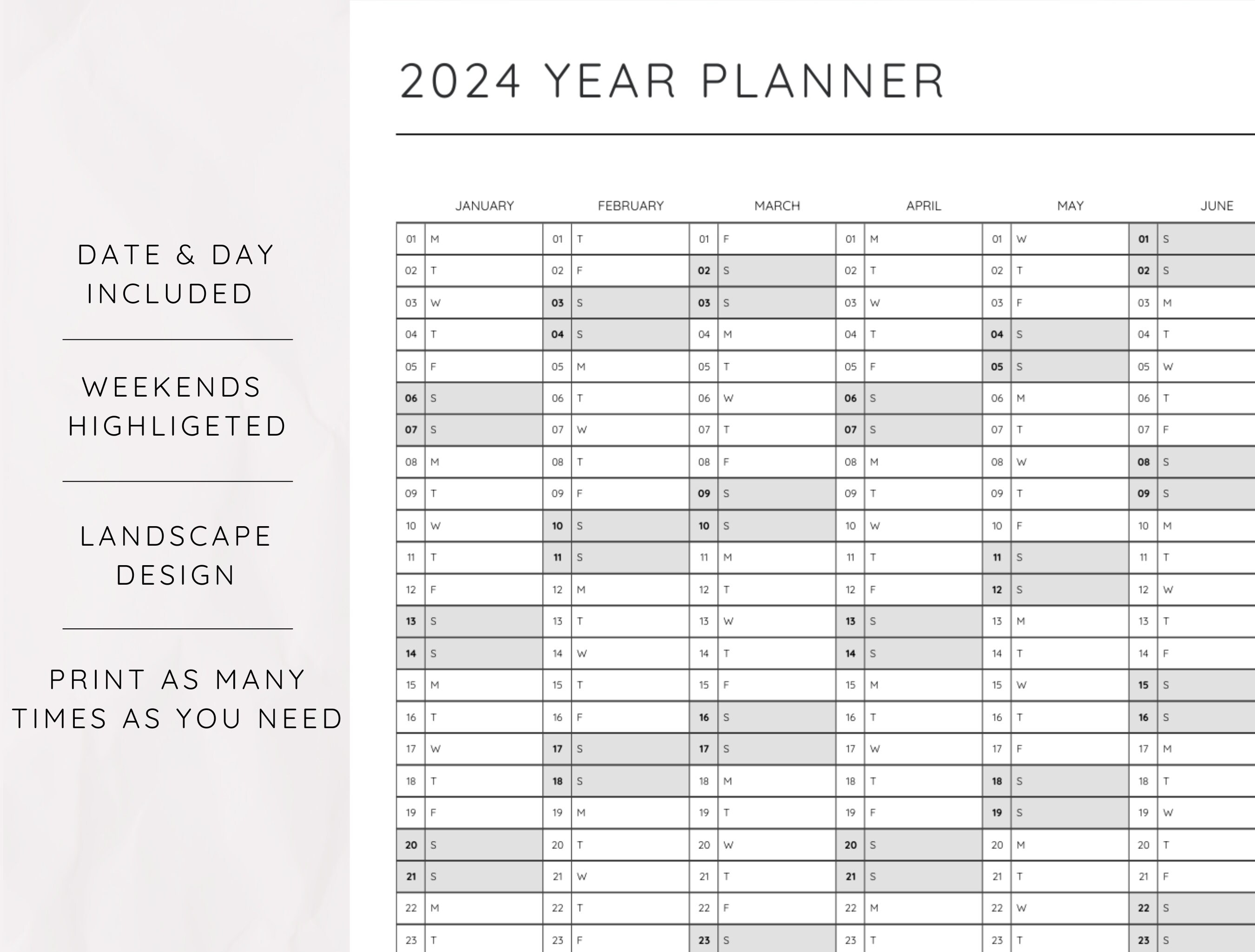 2024 Year Planner, Printable PDF, Year Calendar, Wall Calendar, One ...