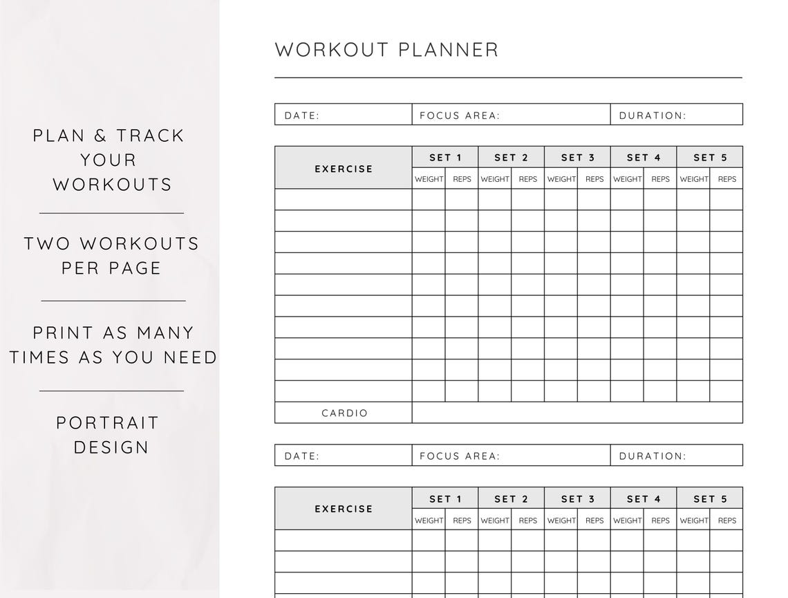Workout Planner, Printable PDF, Workout Tracker, Exercise Planner ...
