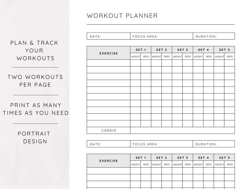 Workout Planner, Printable PDF, Workout Tracker, Exercise Planner ...
